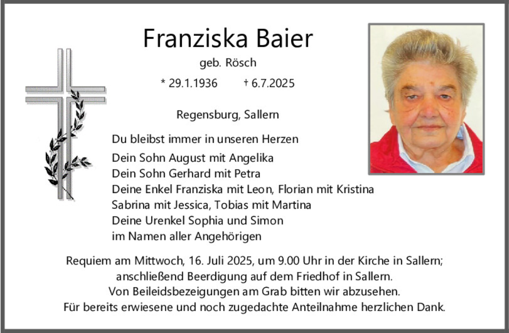 Traueranzeigen von Franziska Baier | Mittelbayerische Trauer