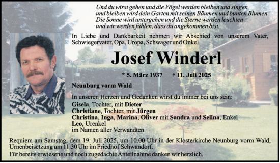 Traueranzeigen von Josef Winderl | Mittelbayerische Trauer