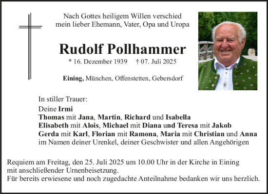 Traueranzeigen von Rudolf Pollhammer | Mittelbayerische Trauer