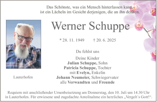 Traueranzeigen von Werner Schuppe | Mittelbayerische Trauer