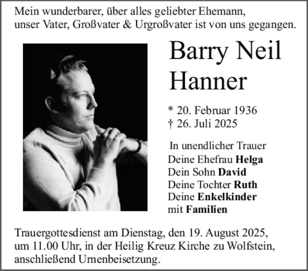 Traueranzeigen von Barry Neil Hanner | Mittelbayerische Trauer