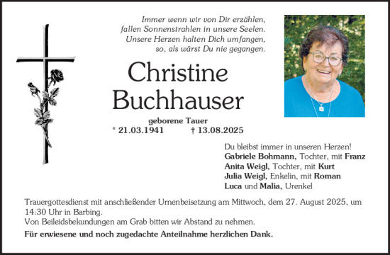 Traueranzeigen von Christine Buchhauser | Mittelbayerische Trauer