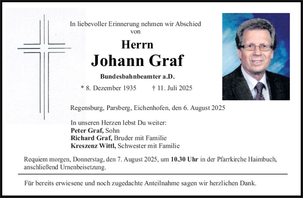 Traueranzeigen von Johann Graf | Mittelbayerische Trauer