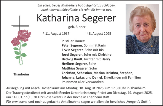 Traueranzeigen von Katharina Segerer | Mittelbayerische Trauer