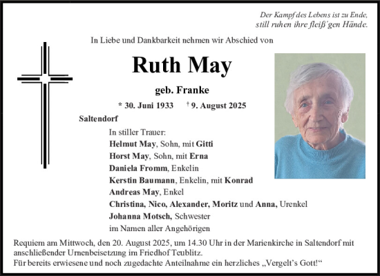 Traueranzeigen von Ruth May | Mittelbayerische Trauer