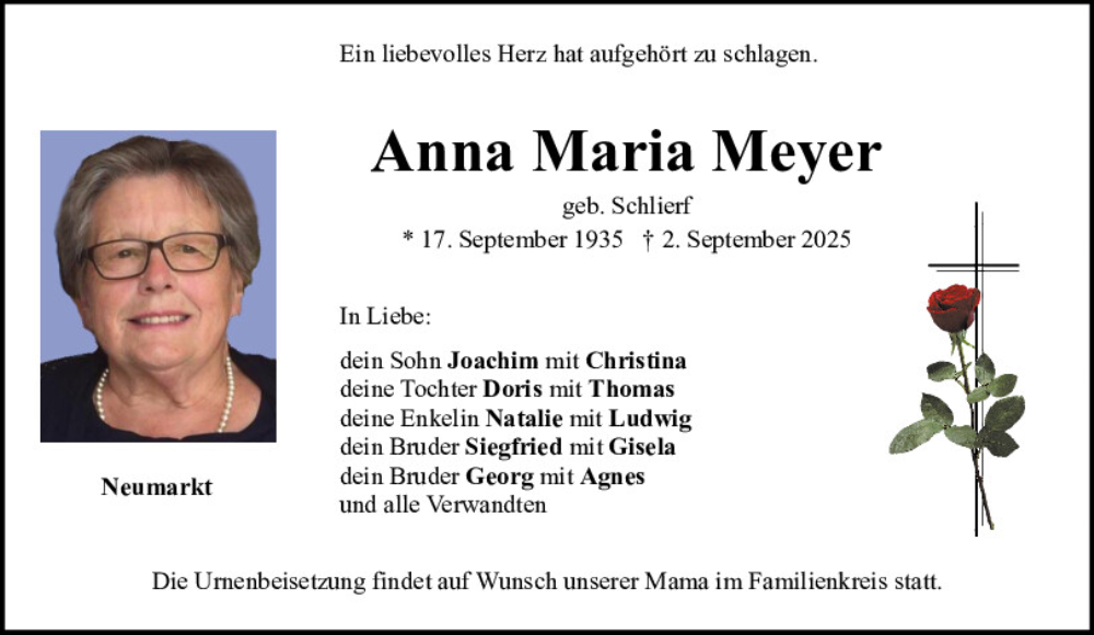 Traueranzeigen von Anna Maria Meyer | Mittelbayerische Trauer