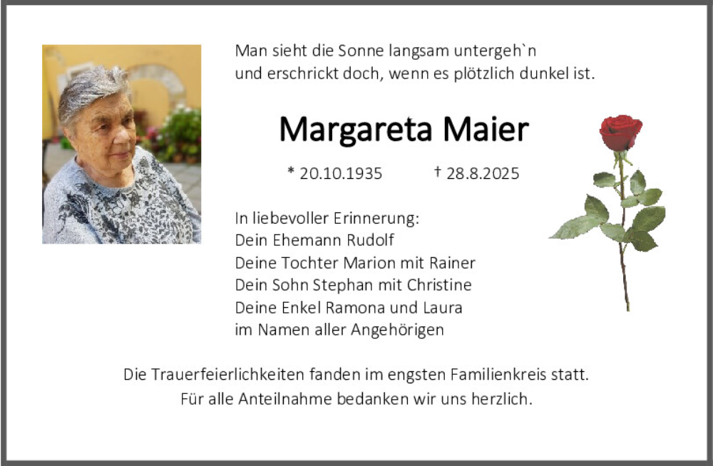 Traueranzeigen von Margareta Maier | Mittelbayerische Trauer